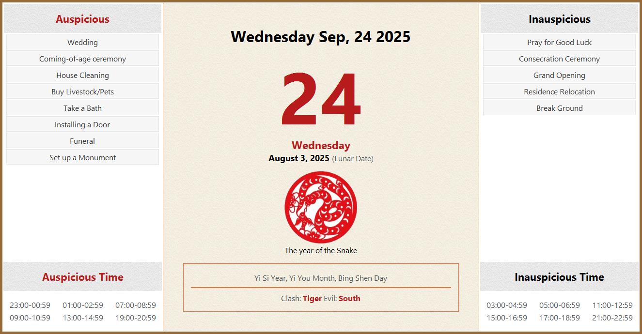 September 24, 2025 Almanac Calendar: Auspicious/Inauspicious Events and ...