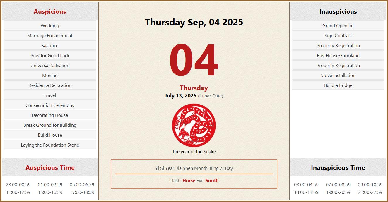 September 04, 2025 Almanac Calendar: Auspicious/Inauspicious Events and ...