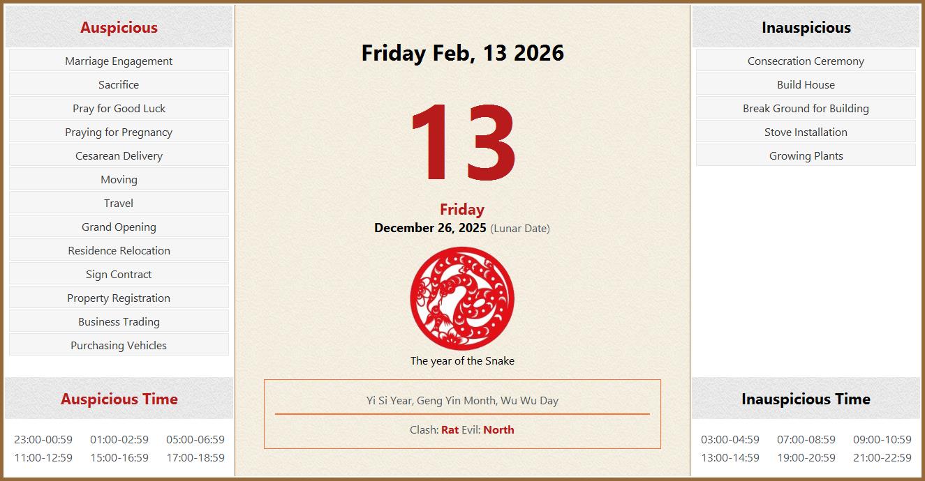 February 13, 2026 Almanac Calendar: Auspicious/Inauspicious Events and ...