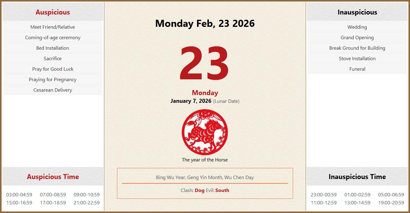 February 23, 2026 Almanac Calendar: Auspicious/Inauspicious Events and ...