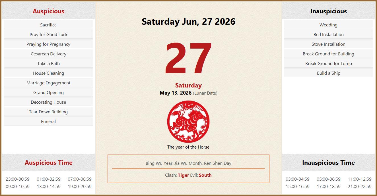June 27, 2026 Almanac Calendar: Auspicious/Inauspicious Events and Time ...