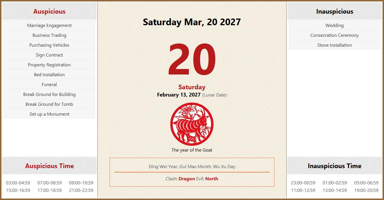 March 20, 2027 Almanac Calendar: Auspicious/Inauspicious Events and ...