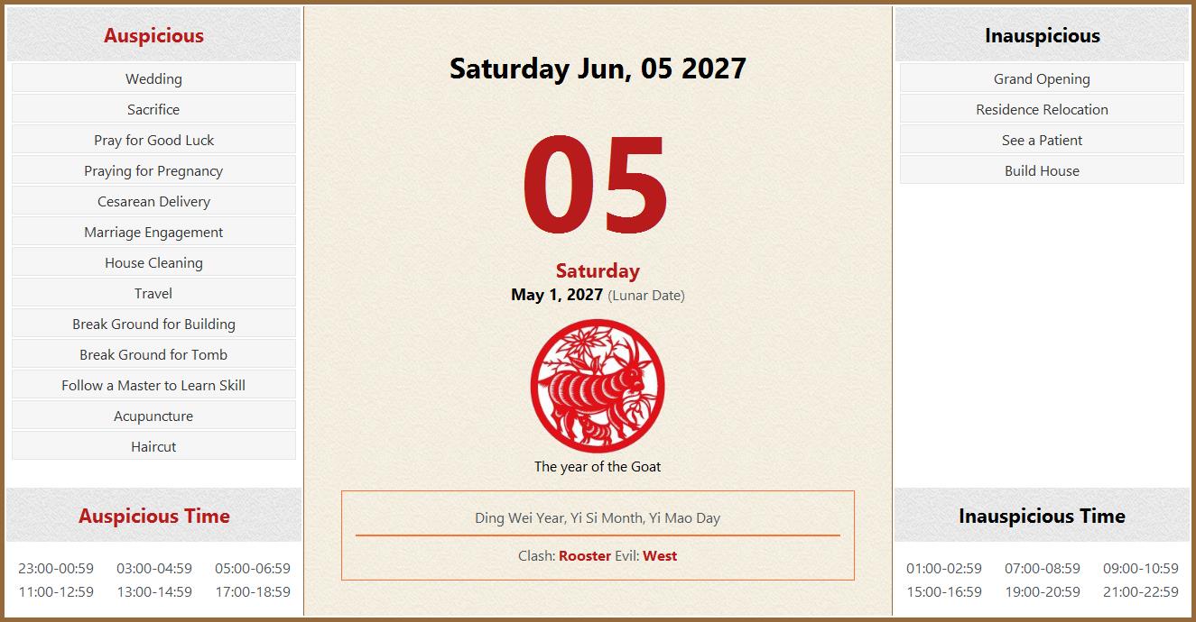 June 05, 2027 Almanac Calendar: Auspicious/Inauspicious Events and Time ...