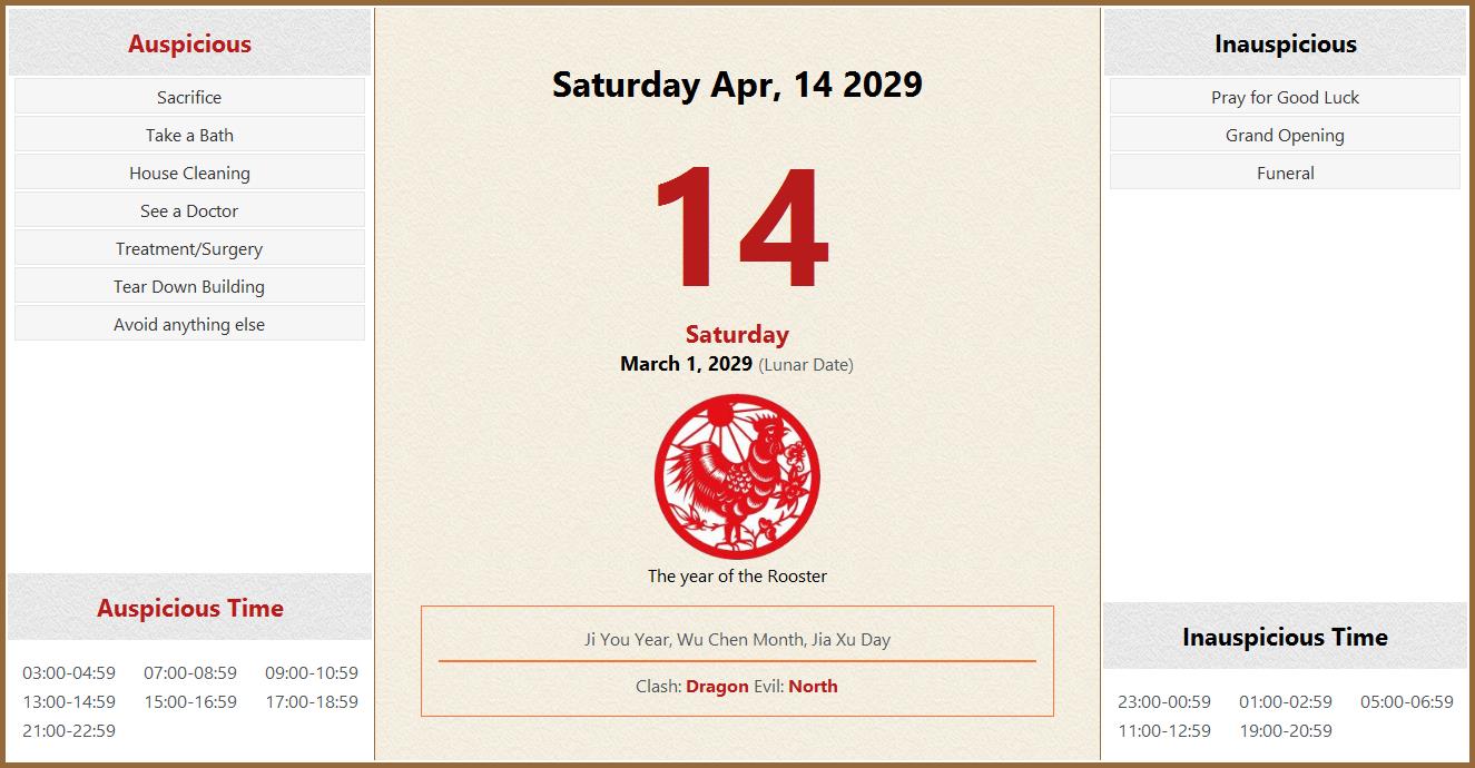 April 14, 2029 Almanac Calendar: Auspicious/Inauspicious Events and ...