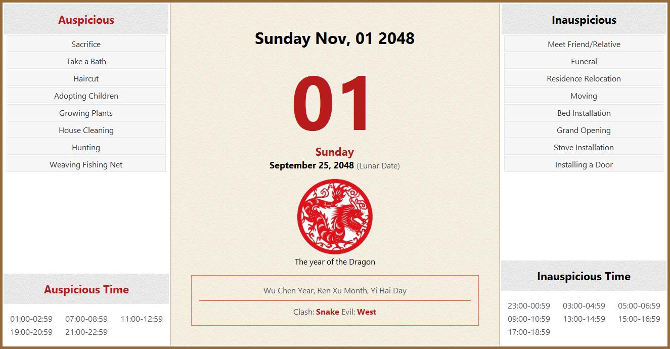 November 01, 2048 Almanac Calendar: Auspicious/Inauspicious Events and ...